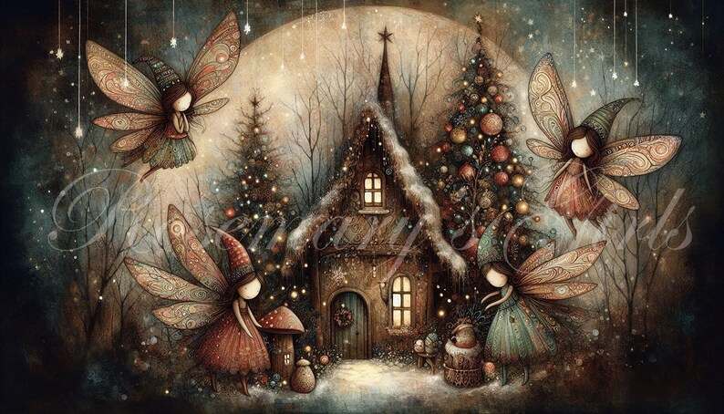 Bundle of 4 Fairy Images in a Fun Christmas Setting, Rich Color ...