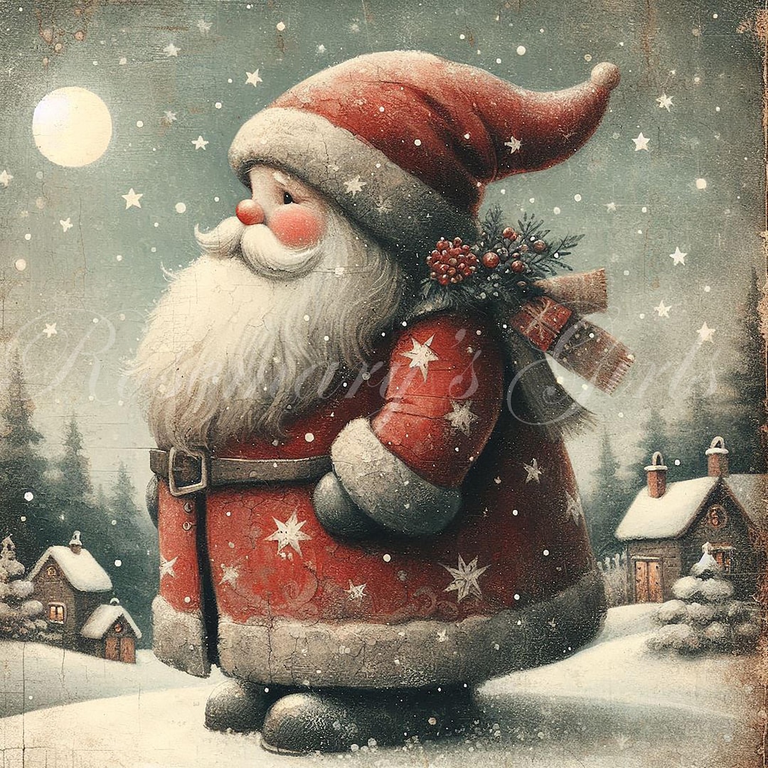 Primitive Santa Image in a Vintage Christmas Setting, Digital Download ...