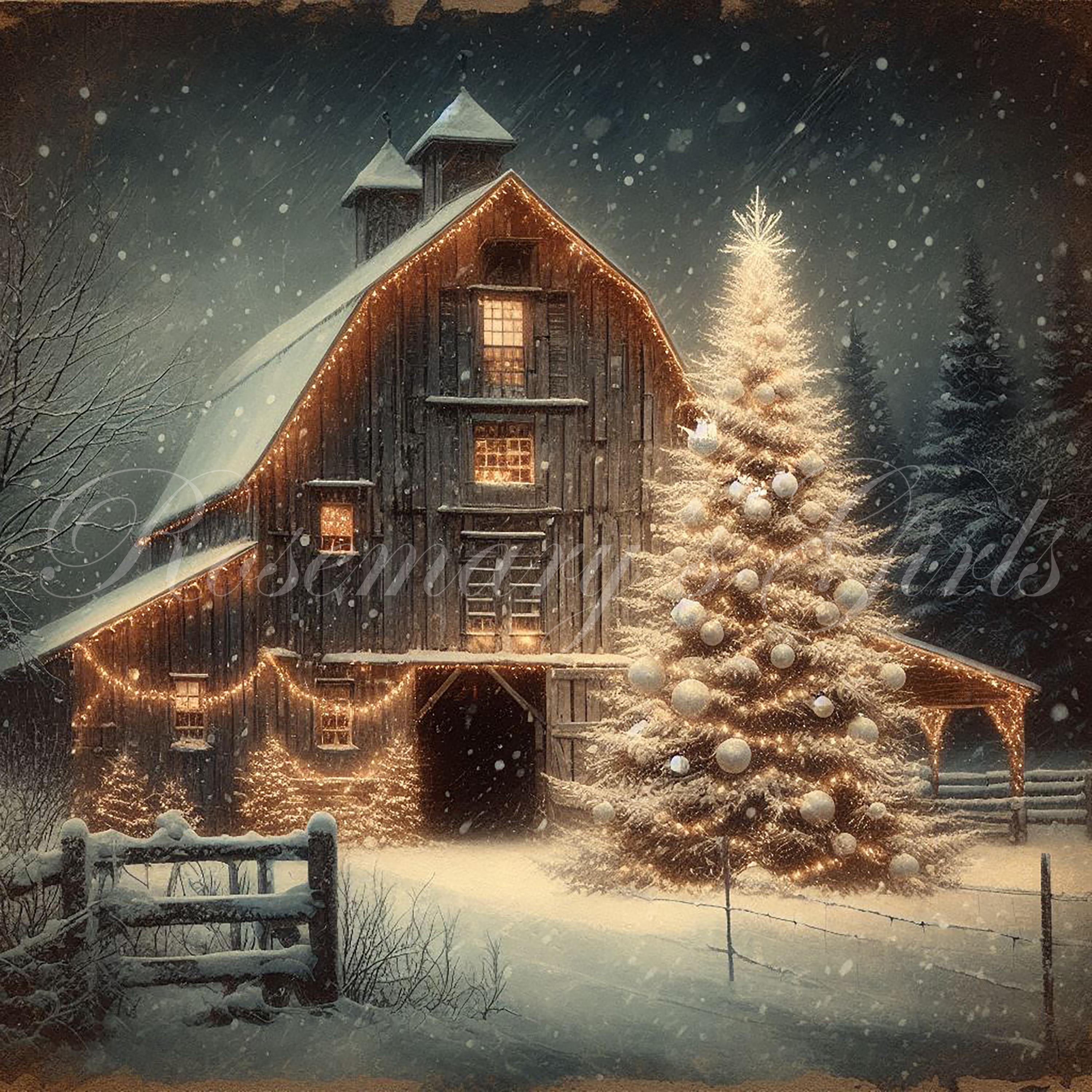 Primitive Barn, Christmas Tree, Christmas Lights, Snowy Setting ...