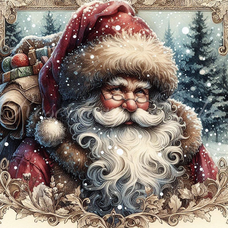 Vintage Santa, Bold Rich Colors, Winter Scene, Trees, Digital Download ...