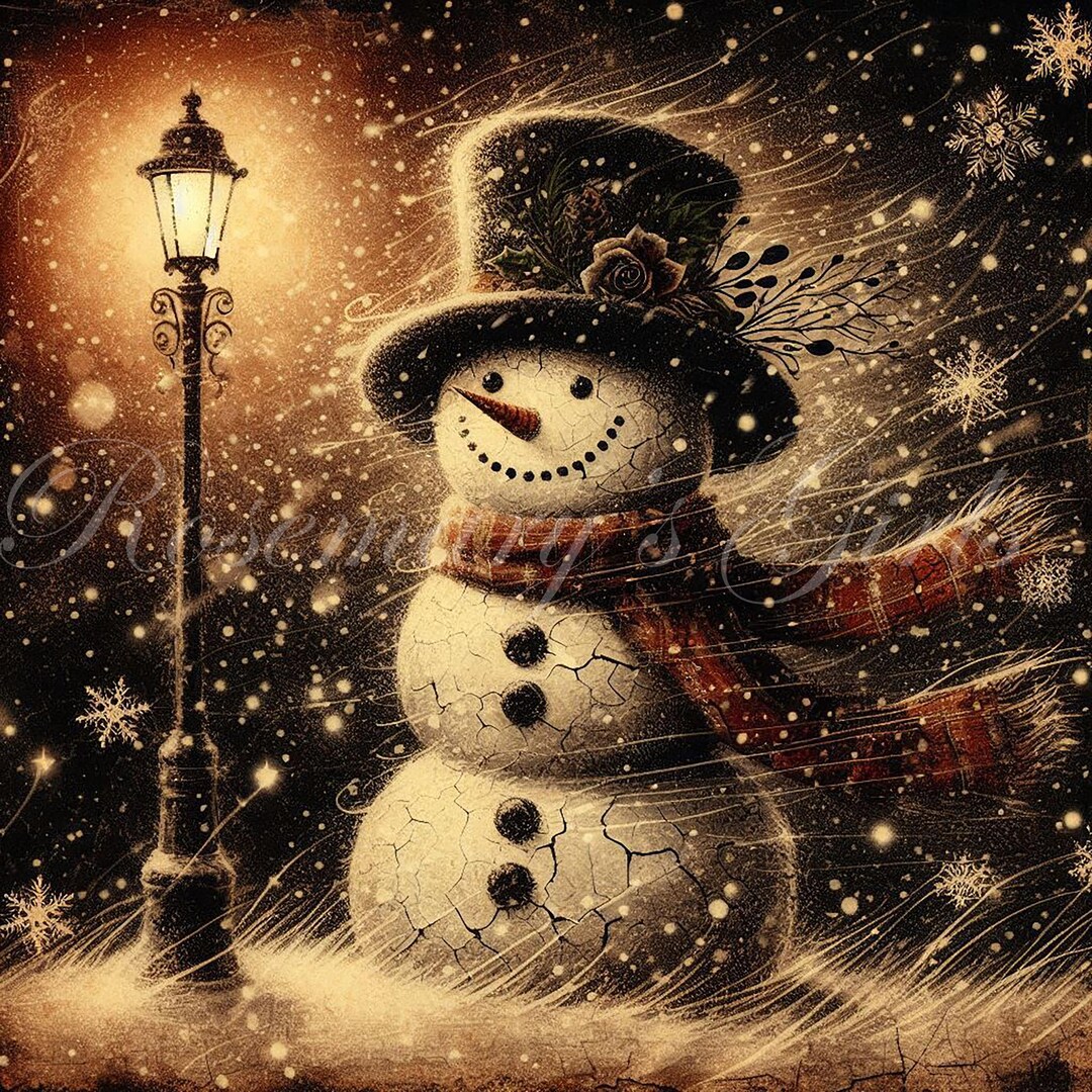 Vintage Snowman PRINT in a Dark Snowy Setting Ready to Frame or ...
