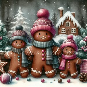 Bundle of 4 Gingerbread Family Images in a Christmas Setting, Digital ...