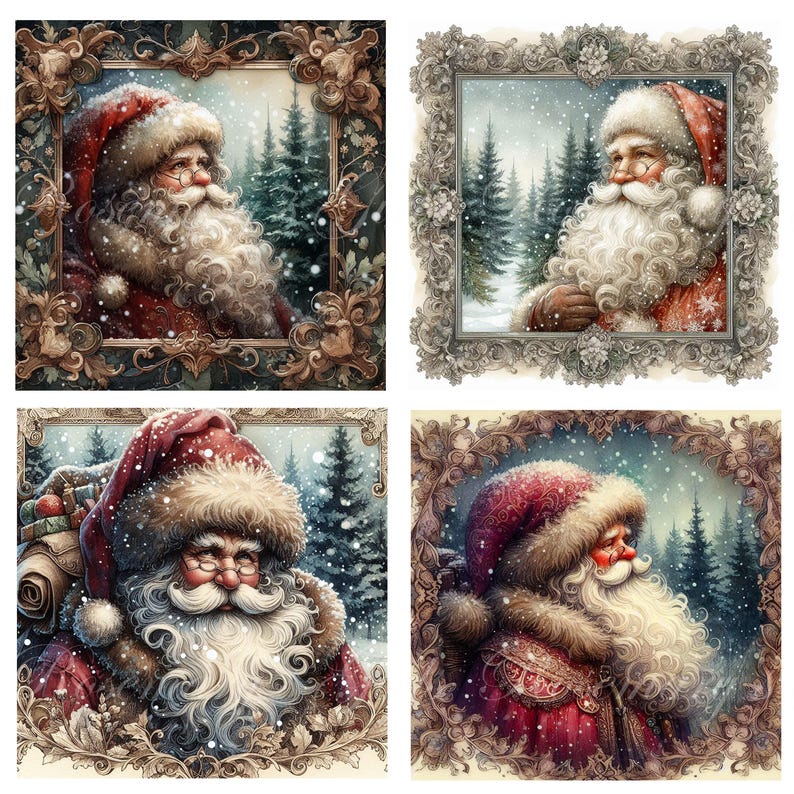 Bundle of 4 Vintage Santas, Rich Colors, Winter Scene, Digital Download ...