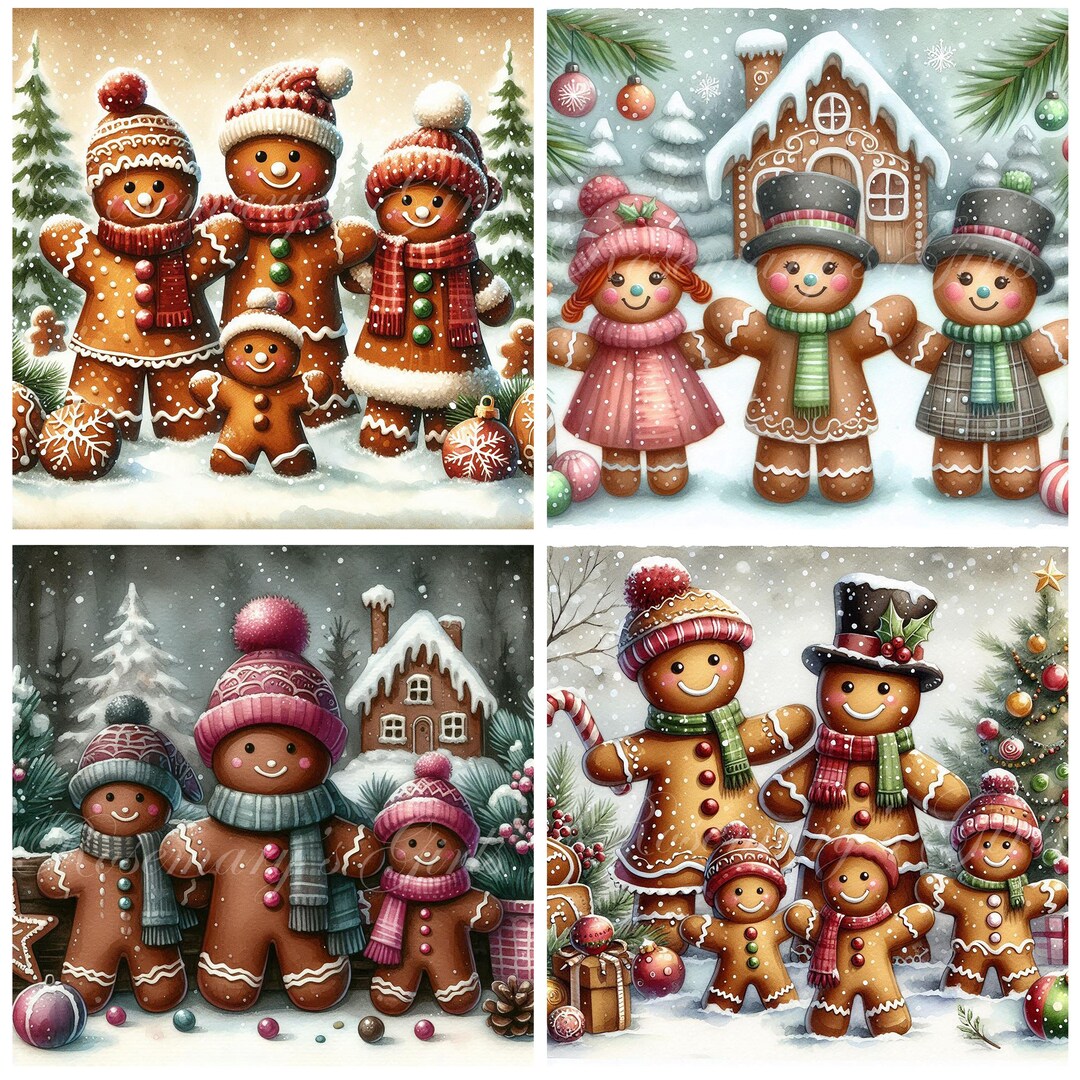 Bundle of 4 Christmas Gingerbread Family Images, Rich Color, Digital ...