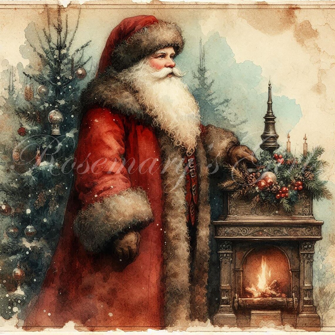 Bundle of 4 Vintage Santa Images in Beautiful Christmas Setting, Rich ...