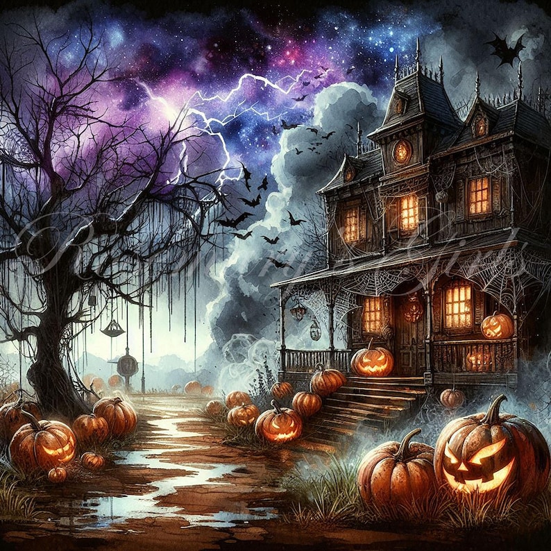 Colorful Halloween Image, Spooky Setting, Digital Download. Perfect for ...