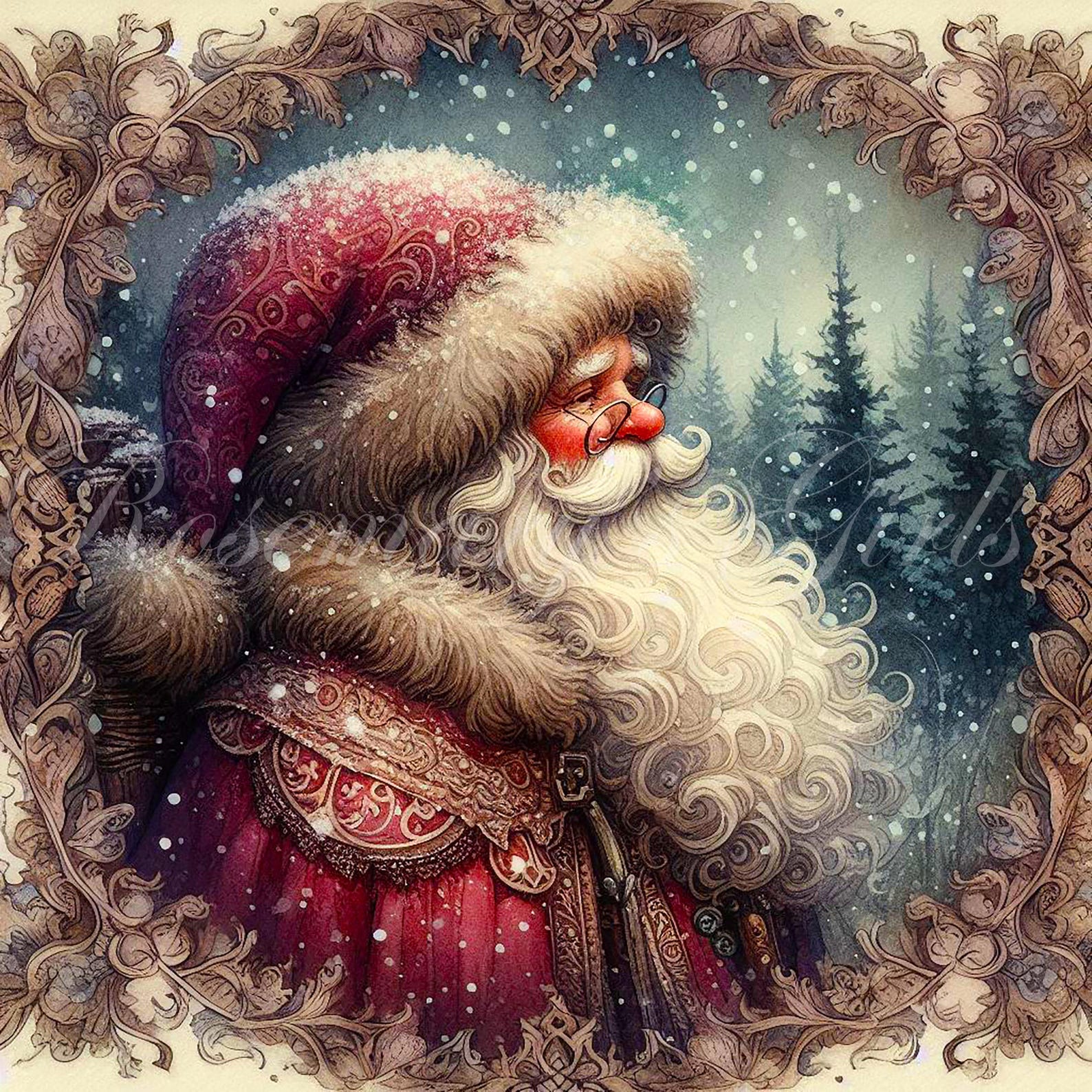 Vintage Santa, Bold Rich Colors, Winter Scene, Trees, Digital Download ...