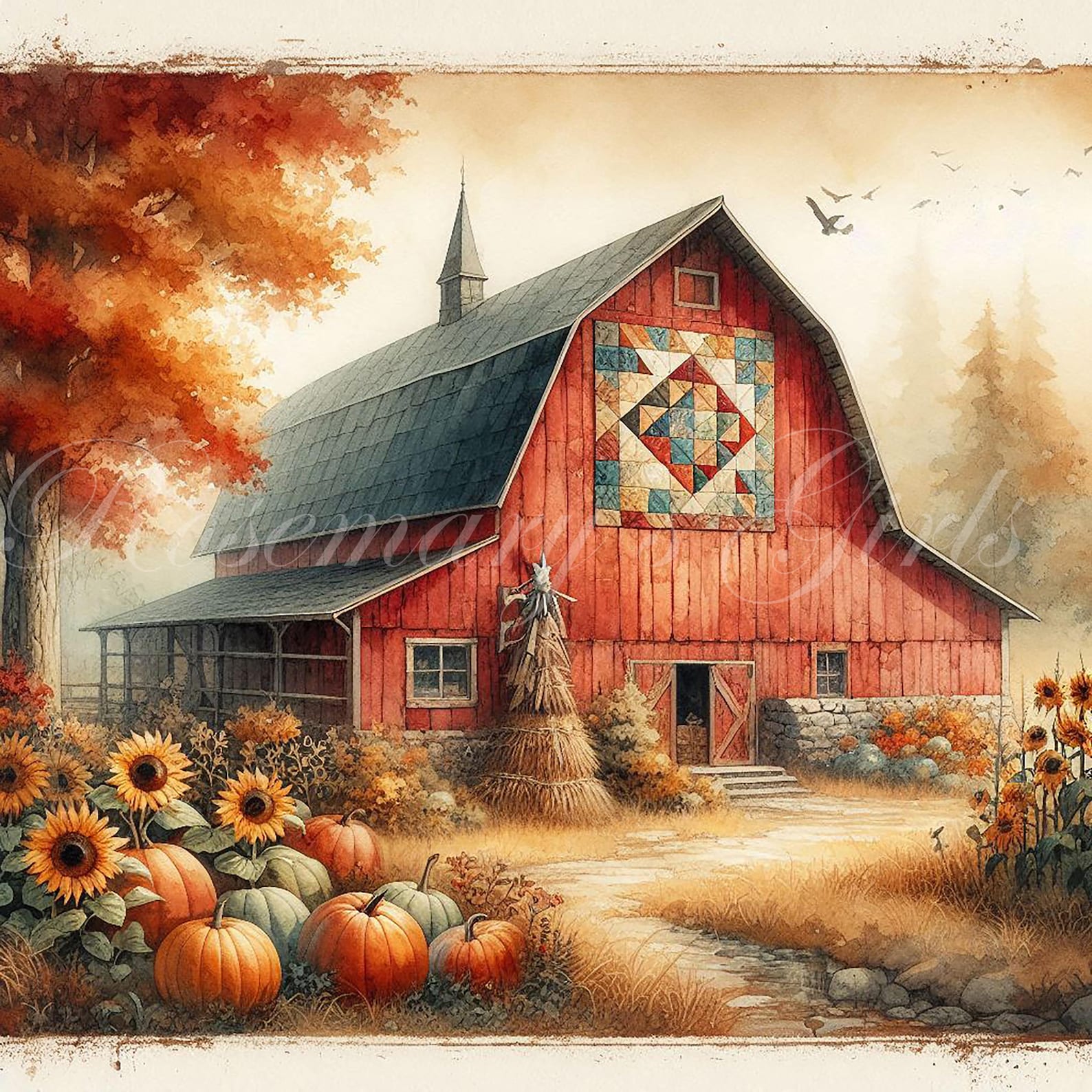 Bundle of 4 Primitive Barns With Quilts, Seasonal Settings, Country ...