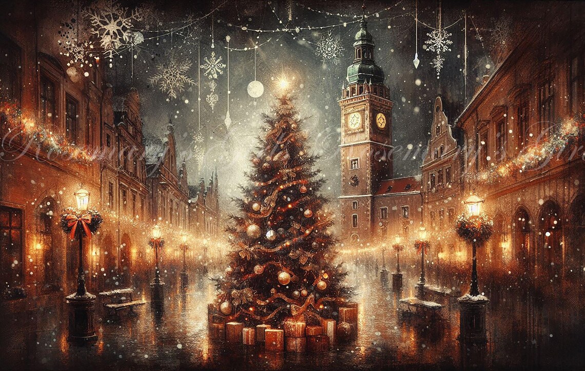 Towne Square Christmas Scene, Snowy Background, Digital Download ...