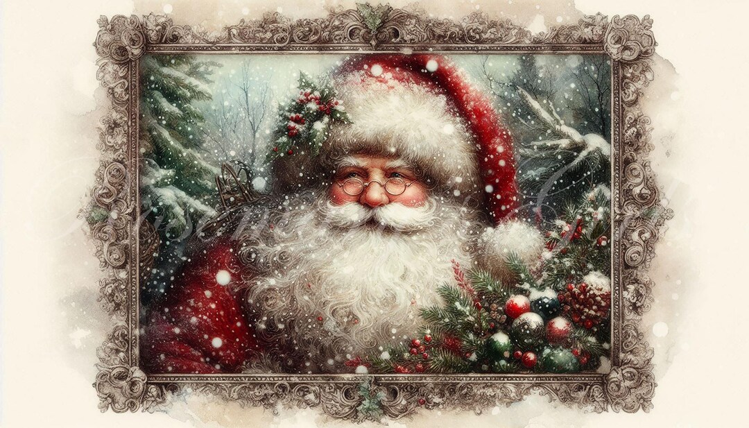 Vintage Santa, Bold Rich Colors, Winter Scene, Trees, Digital Download ...