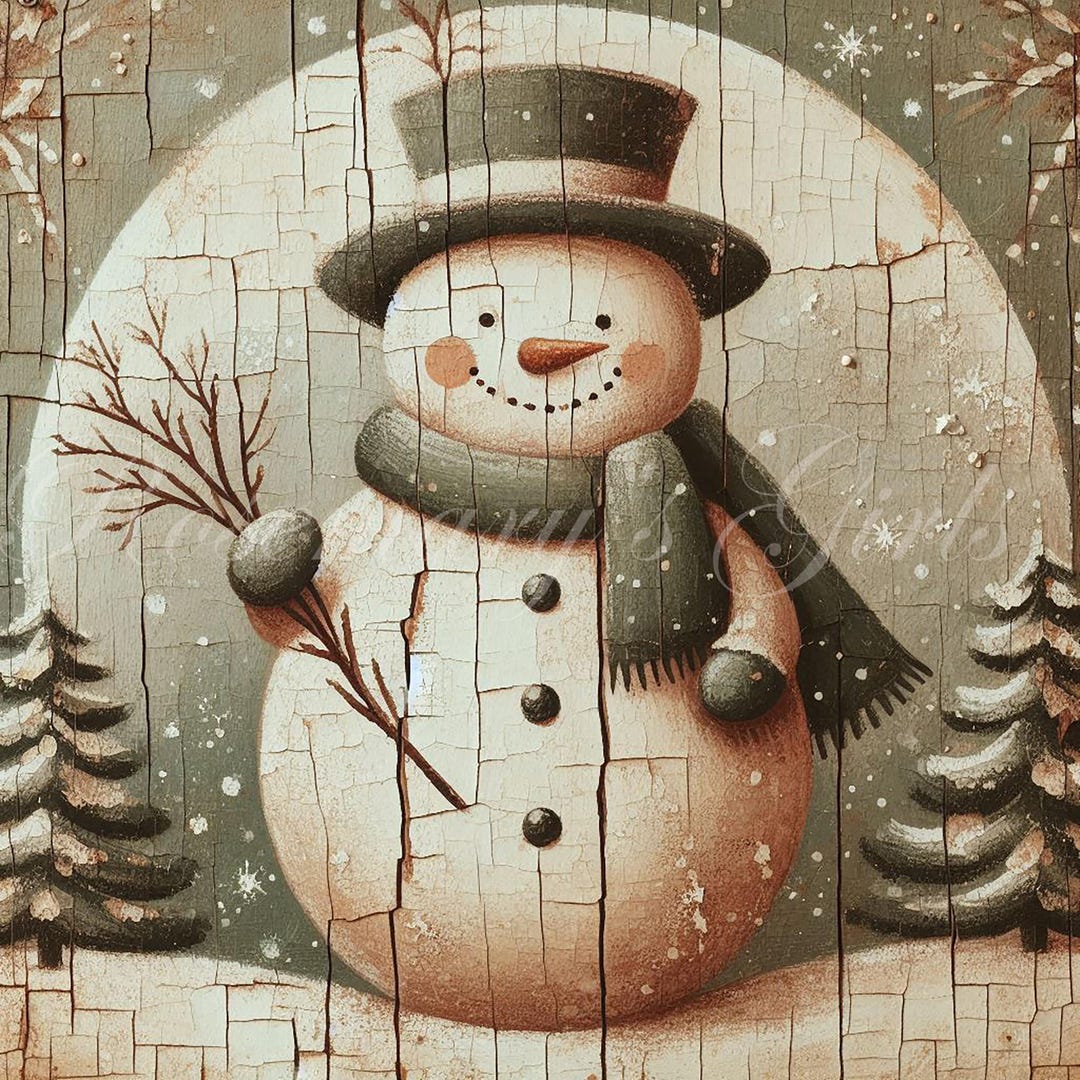 Primitive Snowman Image in a Vintage Christmas Setting, Digital ...