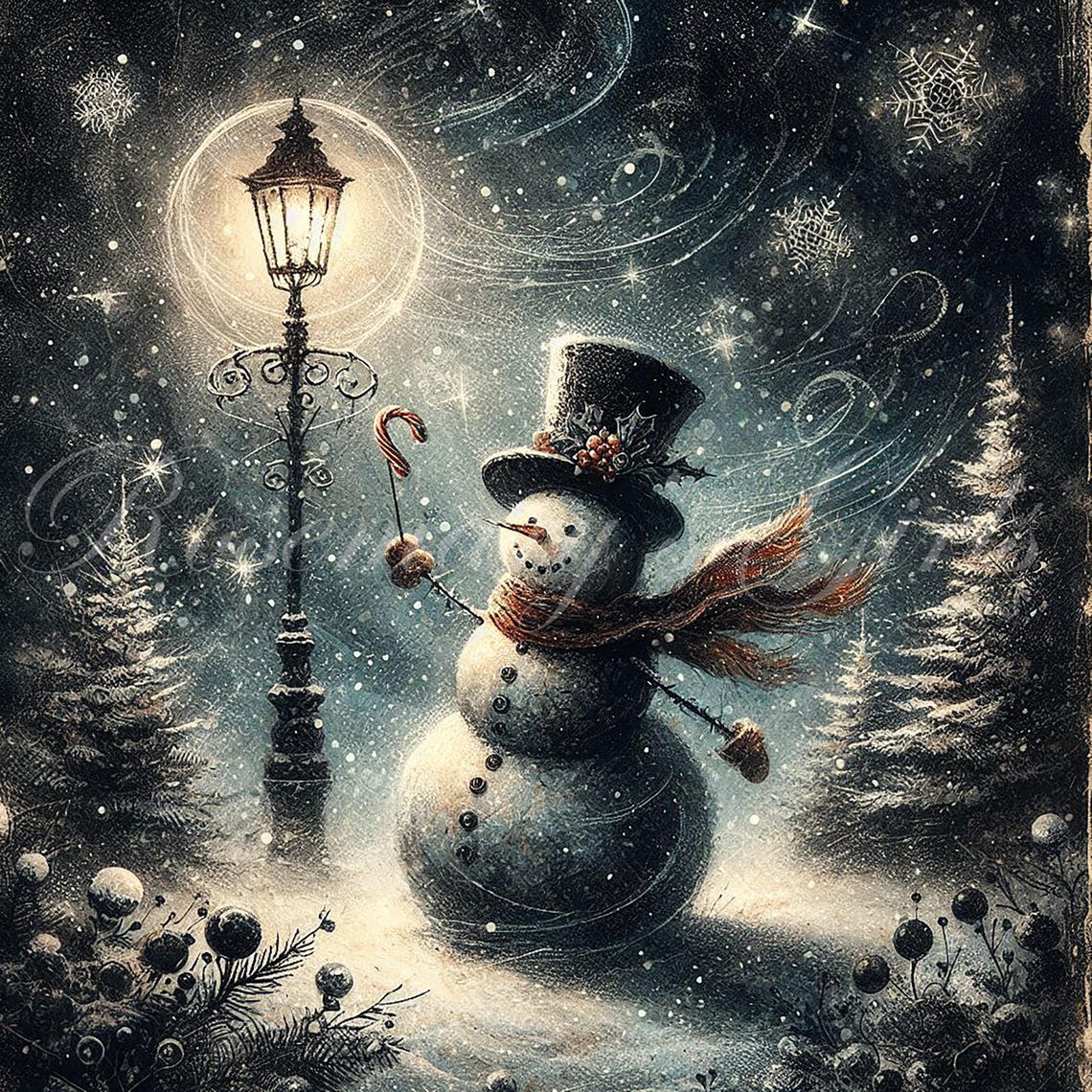 Snowman, Winter Setting, Dark Colors, Streetlamp, Snowy, Digital ...