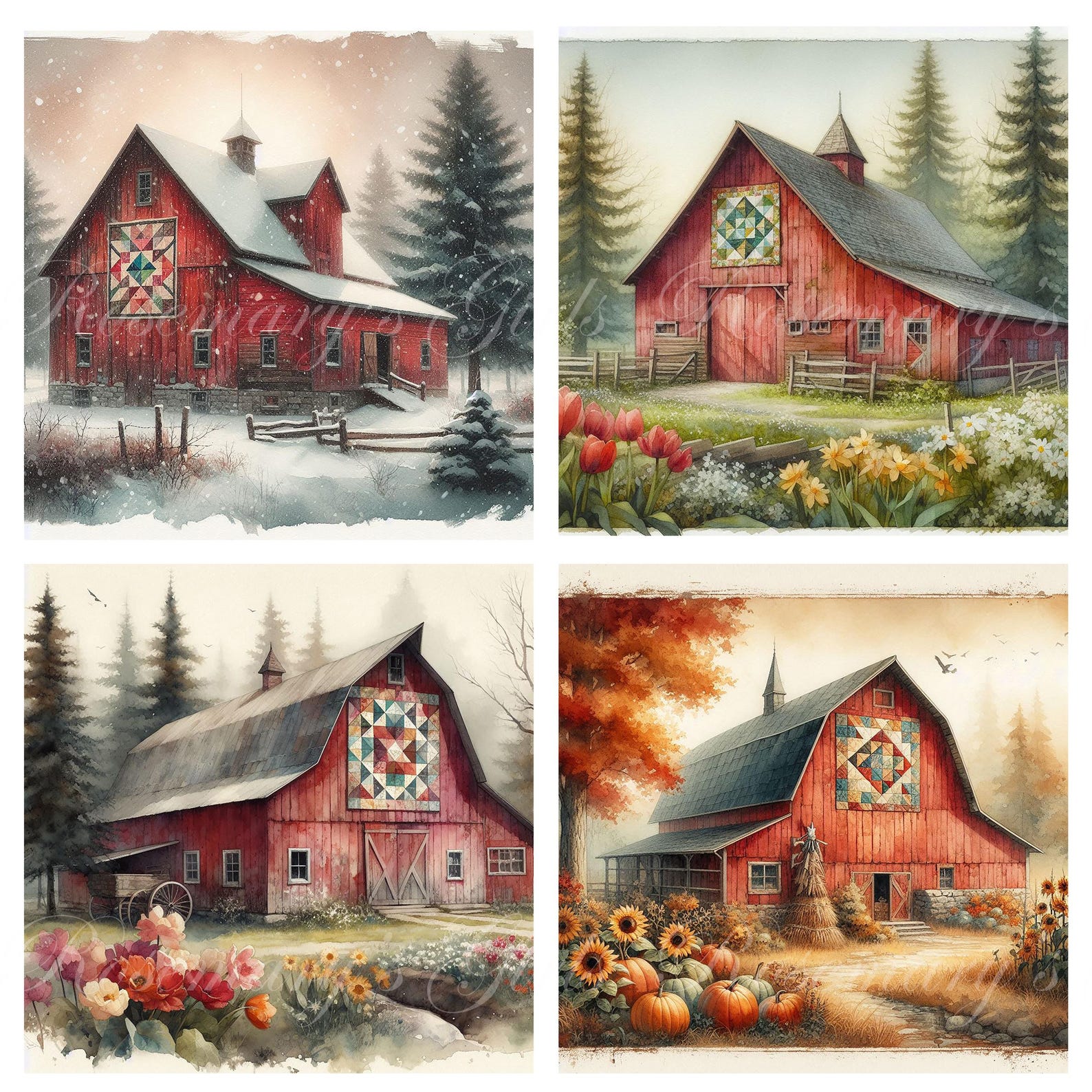 Bundle of 4 Primitive Barns With Quilts, Seasonal Settings, Country ...