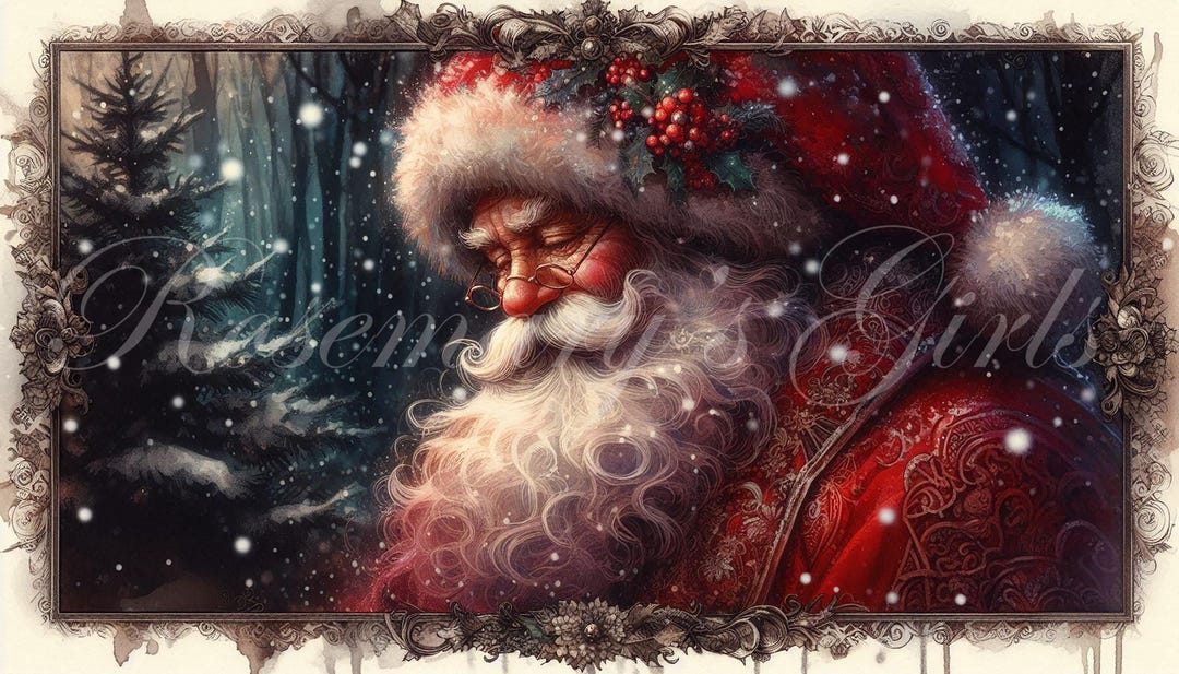 Vintage Santa, Bold Rich Colors, Winter Scene, Trees, Digital Download ...