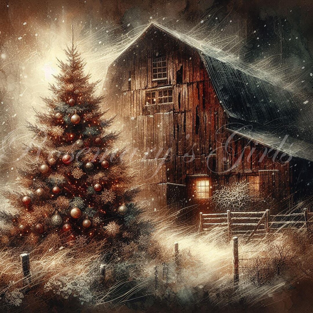Beautiful Rich Colored Barn in a Vintage Christmas Setting PRINT Ready ...