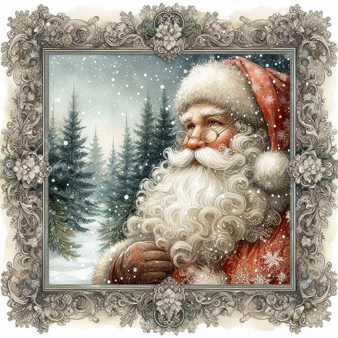 Vintage Santa, Bold Rich Colors, Winter Scene, Trees, Digital Download ...