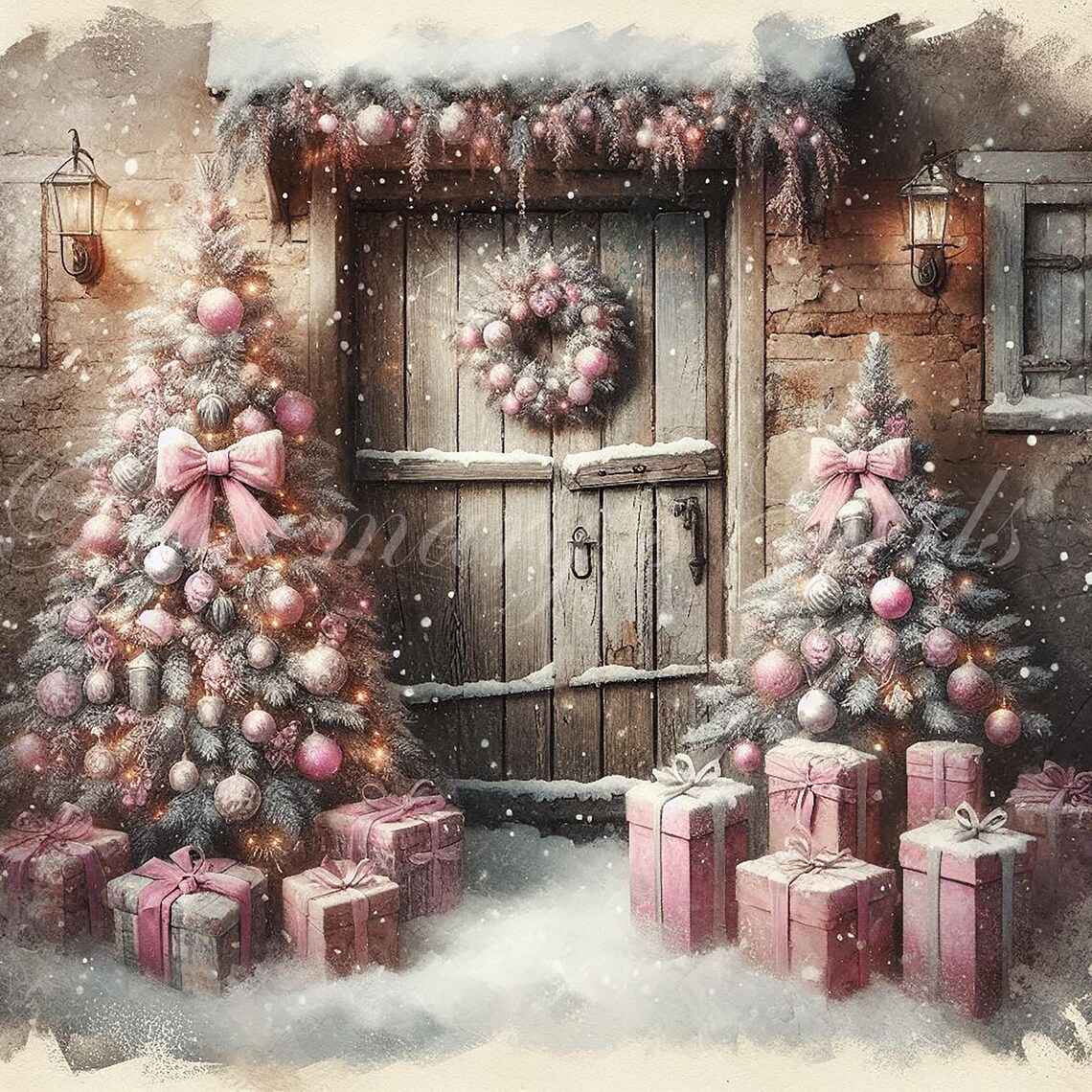 Bundle of 4 Soft Pink Christmas Images, Beautiful Vintage Setting ...