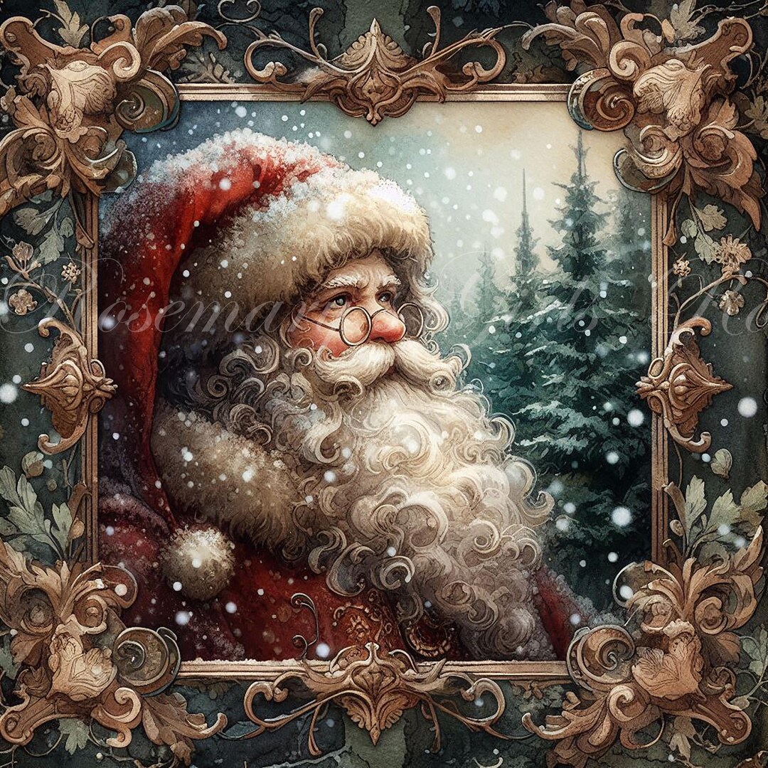 Vintage Santa, Bold Rich Colors, Winter Scene, Trees, Digital Download ...
