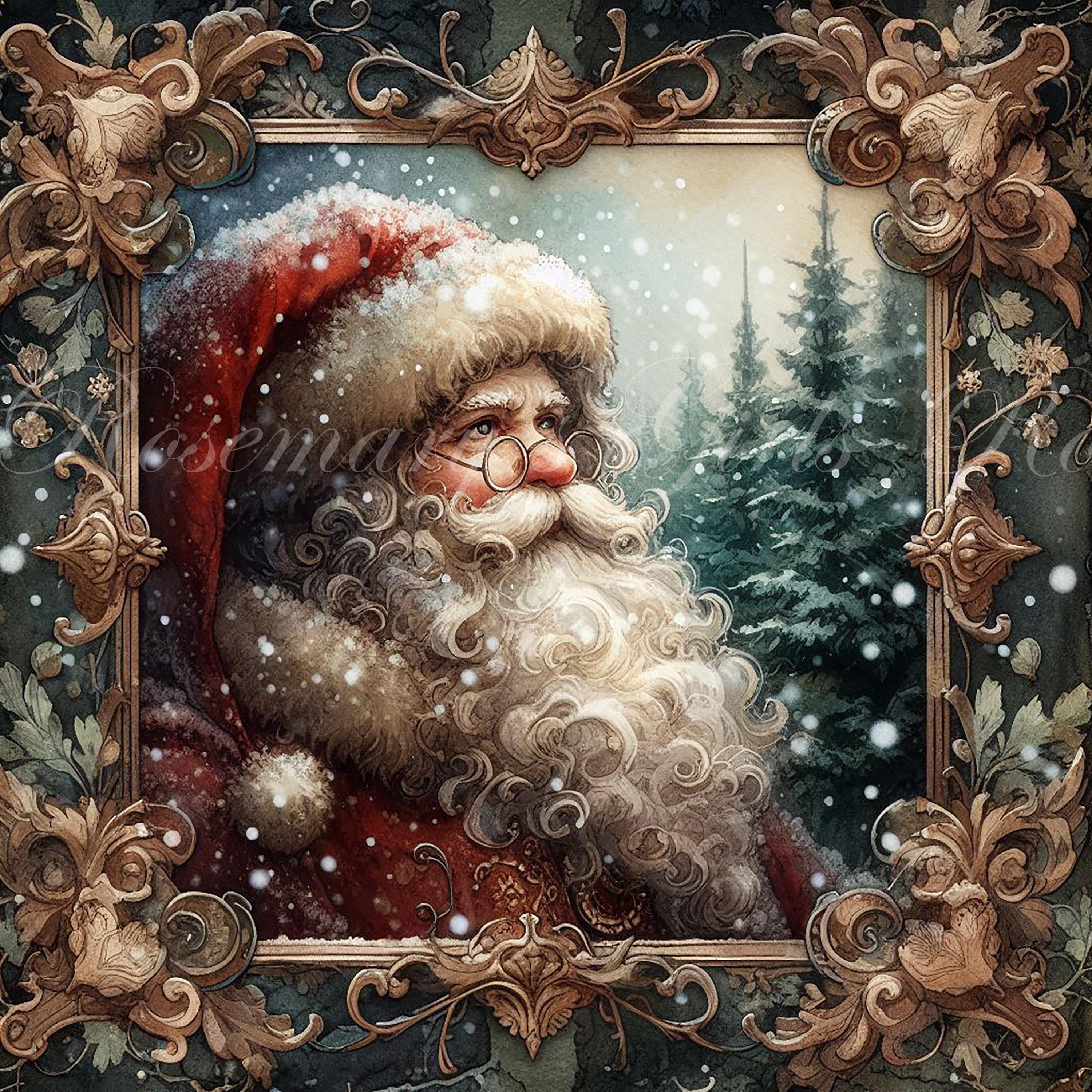 Vintage Santa, Bold Rich Colors, Winter Scene, Trees, Digital Download ...