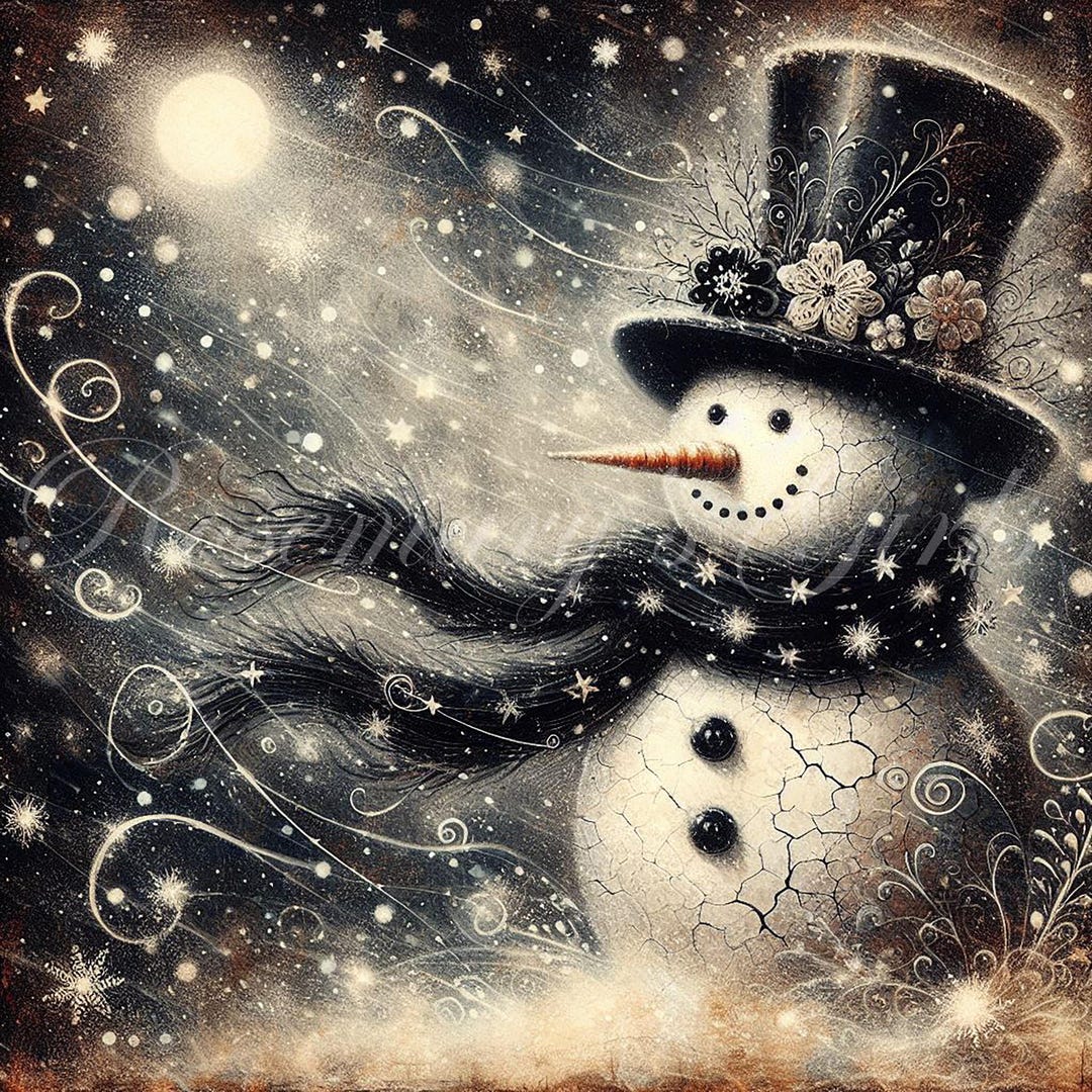 Snowman, Winter Setting, Dark Colors, Crackled, Snowy, Digital Download ...