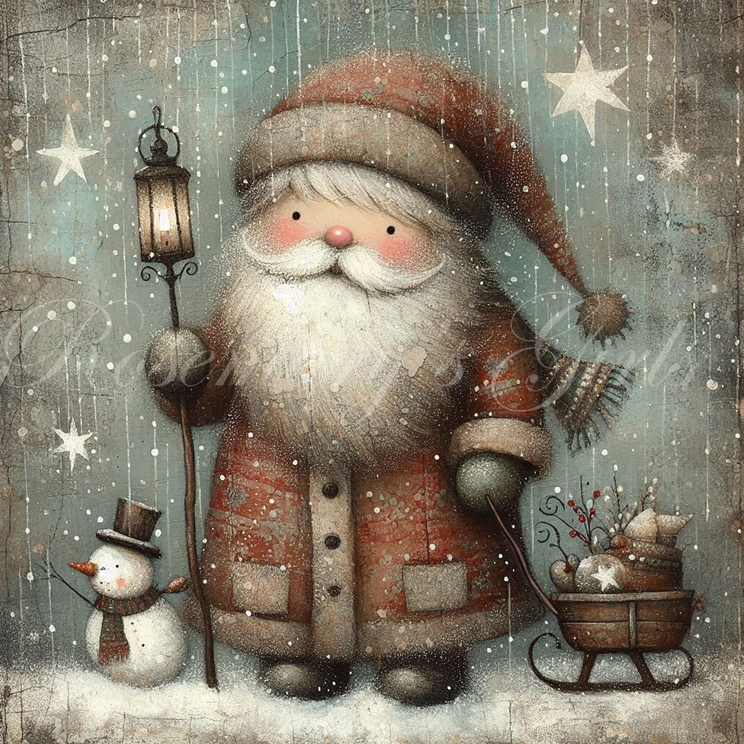 Primitive Santa Image in a Vintage Christmas Setting, Digital Download ...