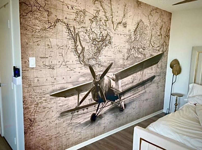 For the Aviation Enthusiast Aged Sepia Map With Airplane Wall Mural - Etsy