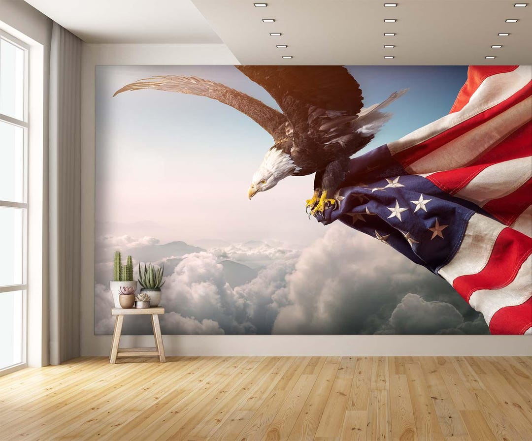 Bald Eagle Carrying American Flag in the Clouds Wall Mural - Etsy