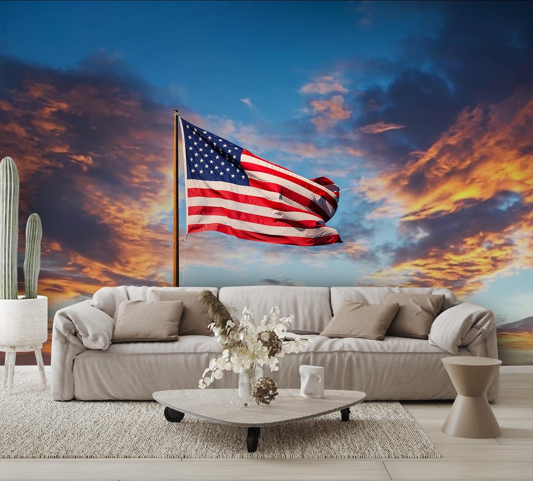 Waving American Flag Sunset Wall Mural - Etsy
