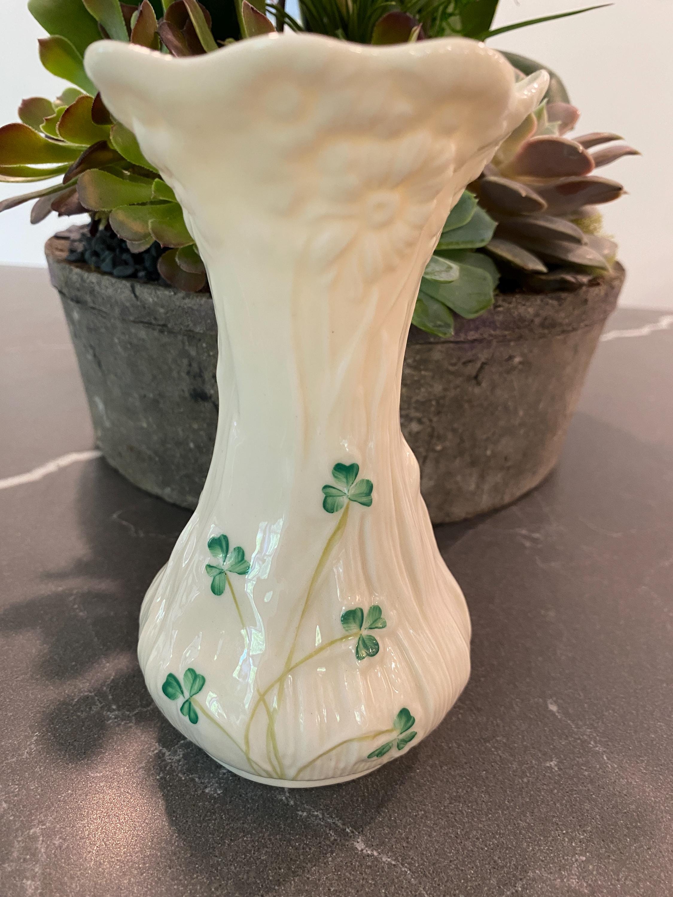 Vintage 6" Belleek Pottery Classic Shamrock Daisy Spill Tall Vase, Made ...