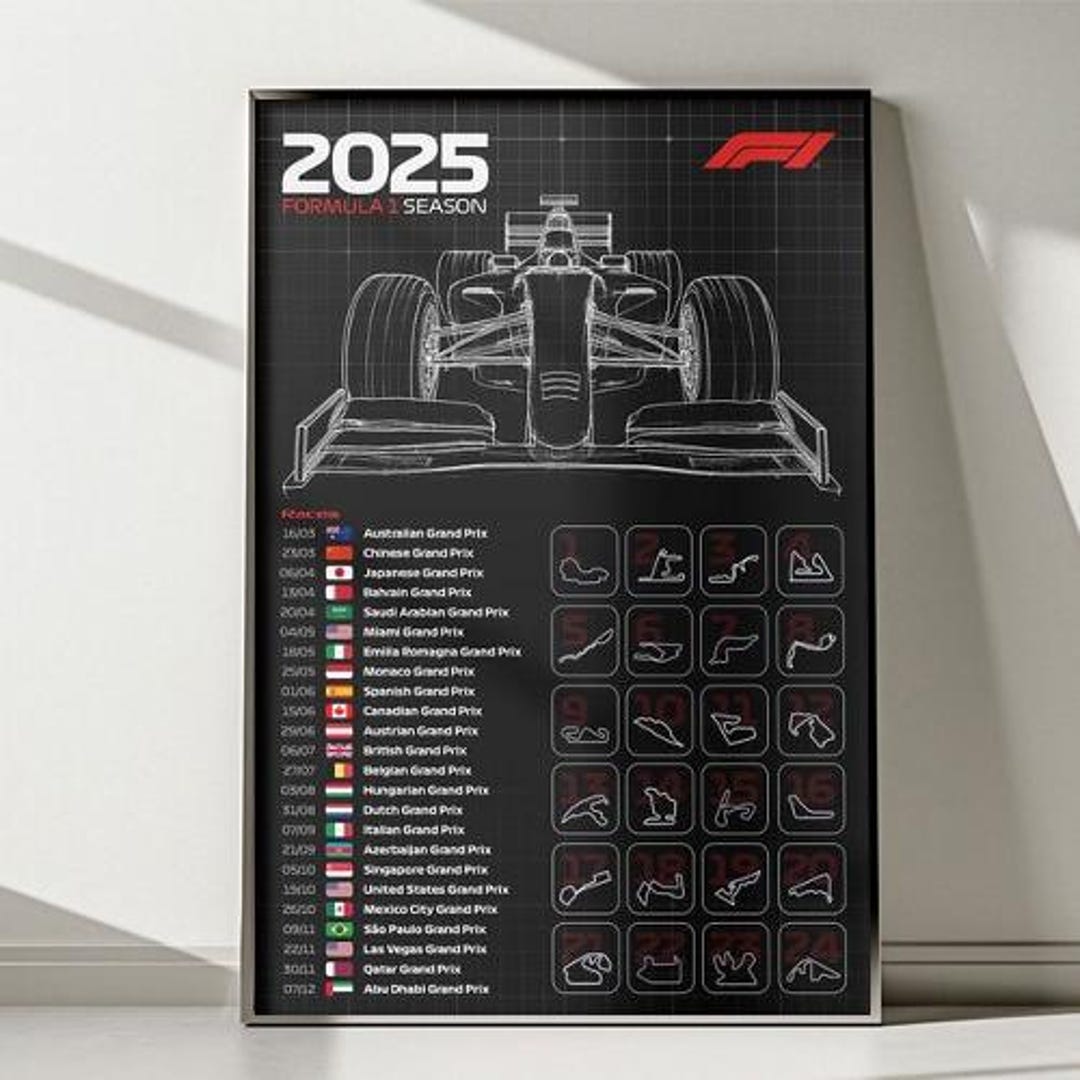 Formula 1 Racing Calendar 2025 Poster - Formula 1 Racing Calendar Wall ...