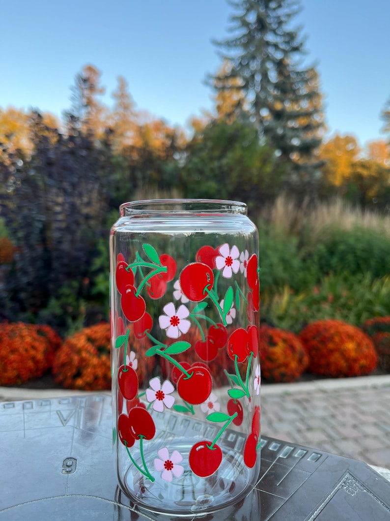 Cherry Glass Cup Jar Iced Coffee Cup 20 Oz Glass Cup With Bamboo Lid ...
