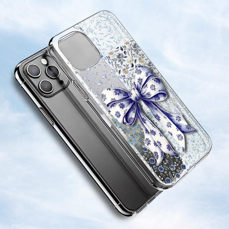 Ribbon Bow and Blue Flowers Pattern Clear Phone Cases for iPhone 16 15 ...