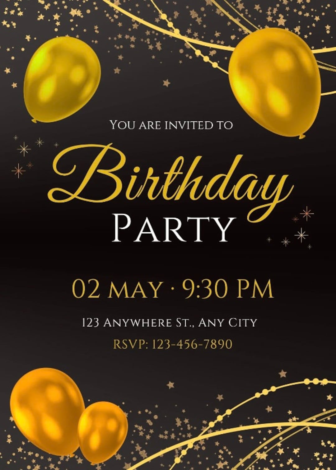 Editable Birthday Invitation, Text Invitation, Gold and Black Birthday ...