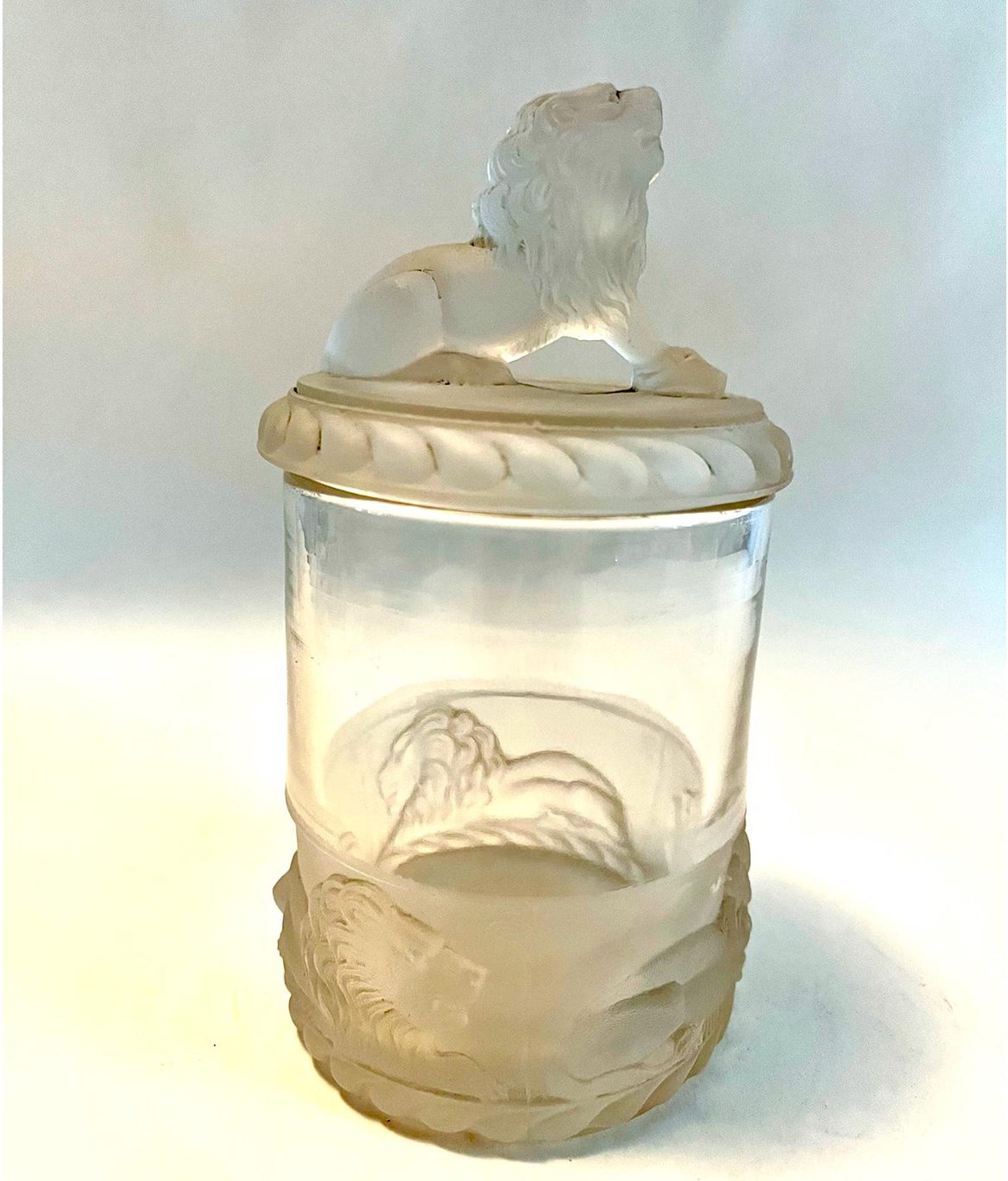 Antique Gillinder & Sons Frosted Glass Lion Covered Jar Country Club ...