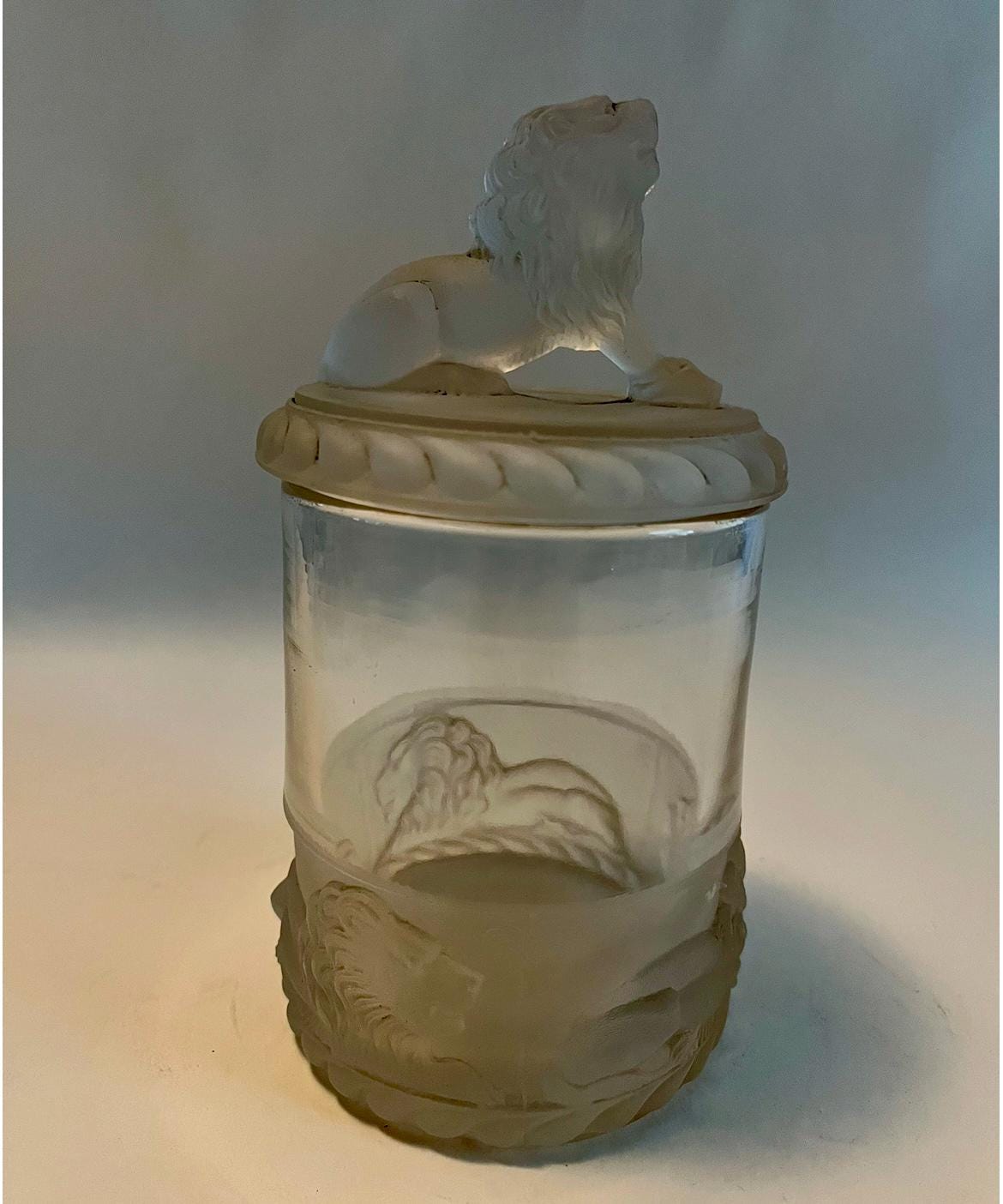 Antique Gillinder & Sons Frosted Glass Lion Covered Jar Country Club ...
