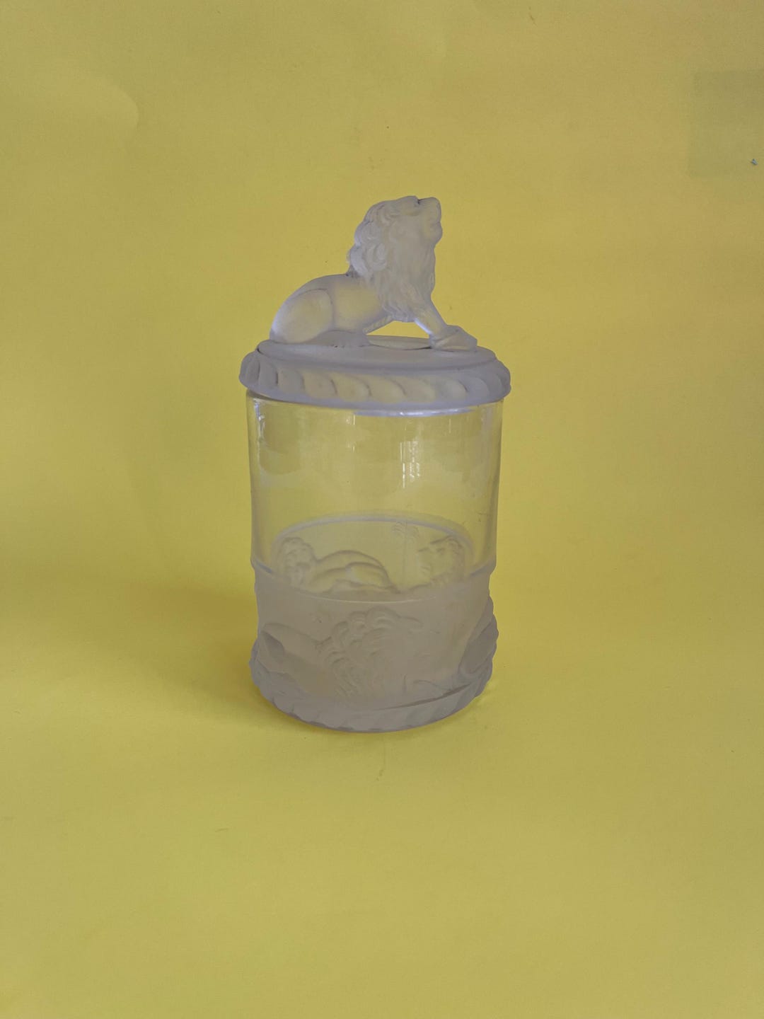 Antique Gillinder & Sons Frosted Glass Lion Covered Jar Country Club ...