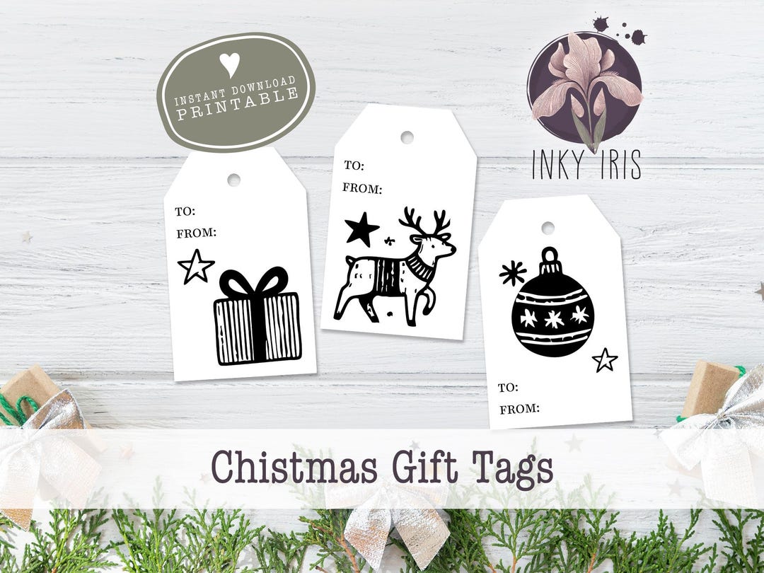 Printable Christmas Gift Tags Black & White Illustrations Minimalist Holiday Gift Wrapping ...