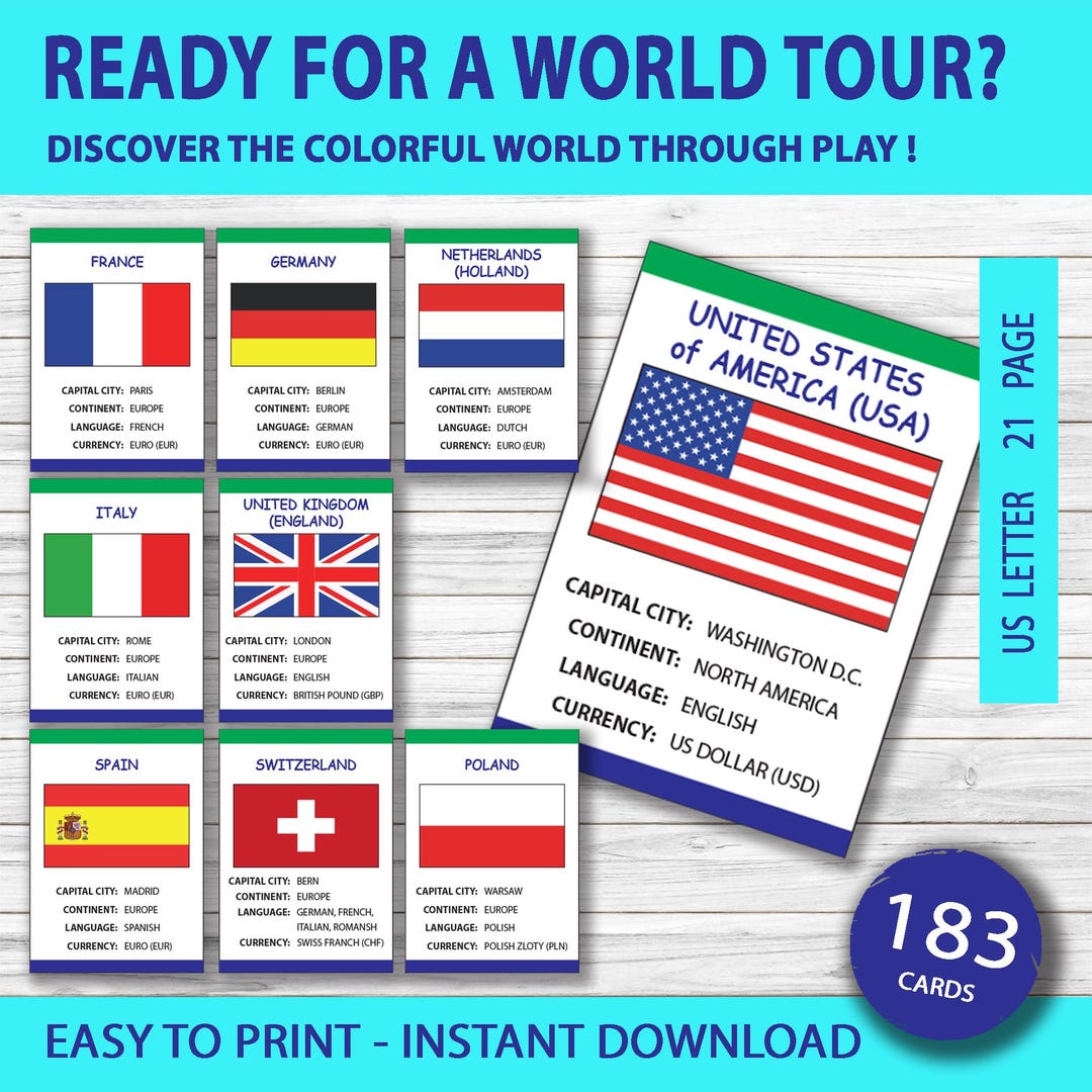 World Flags Printable, All 183 Country Flags Flash Cards, Geography ...