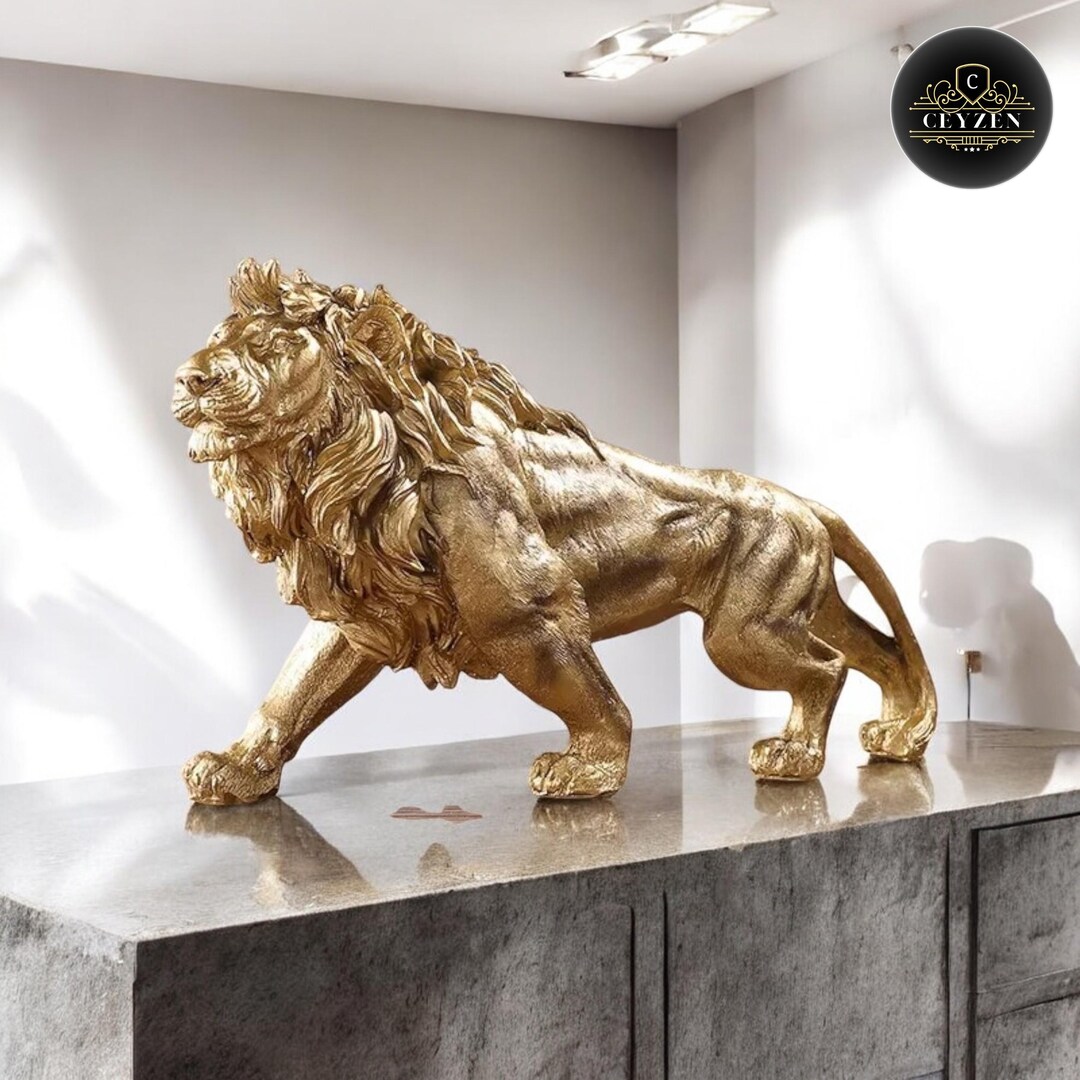 Golden Lion King Resin Statue Majestic Leo Zodiac Ornament for Home ...