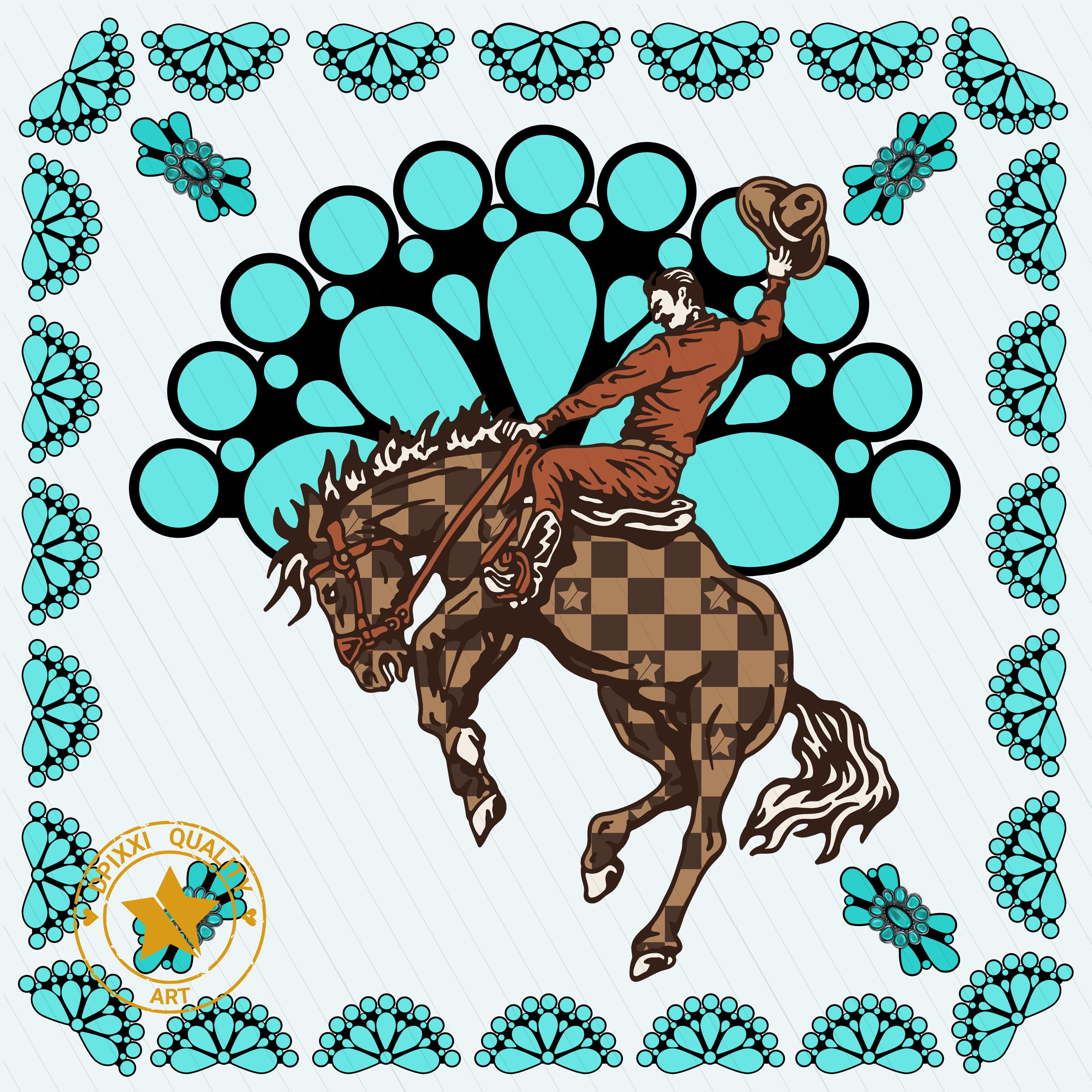 Checker Western PNG Cowgirl Cowboy Horses Turquoise Sublimation Rodeo ...