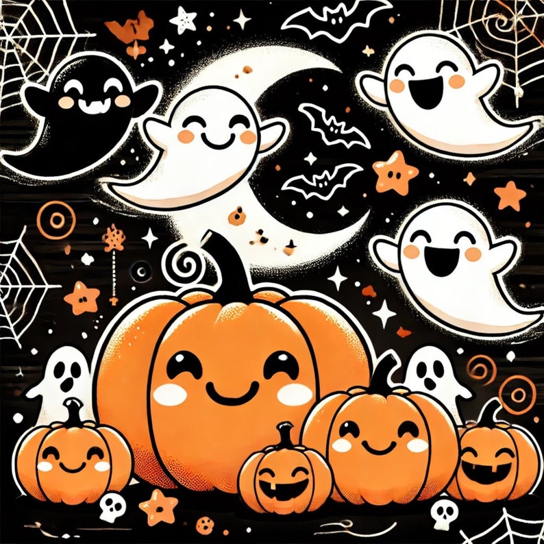 Spooky Sweet: Cute Ghost & Pumpkin Halloween PNG - Etsy