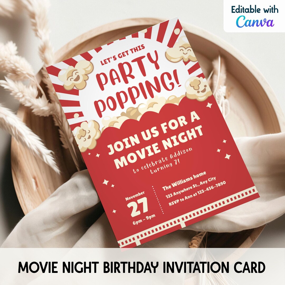 Popcorn Birthday Invitation Cards for Kids Perfect for Movie Night ...