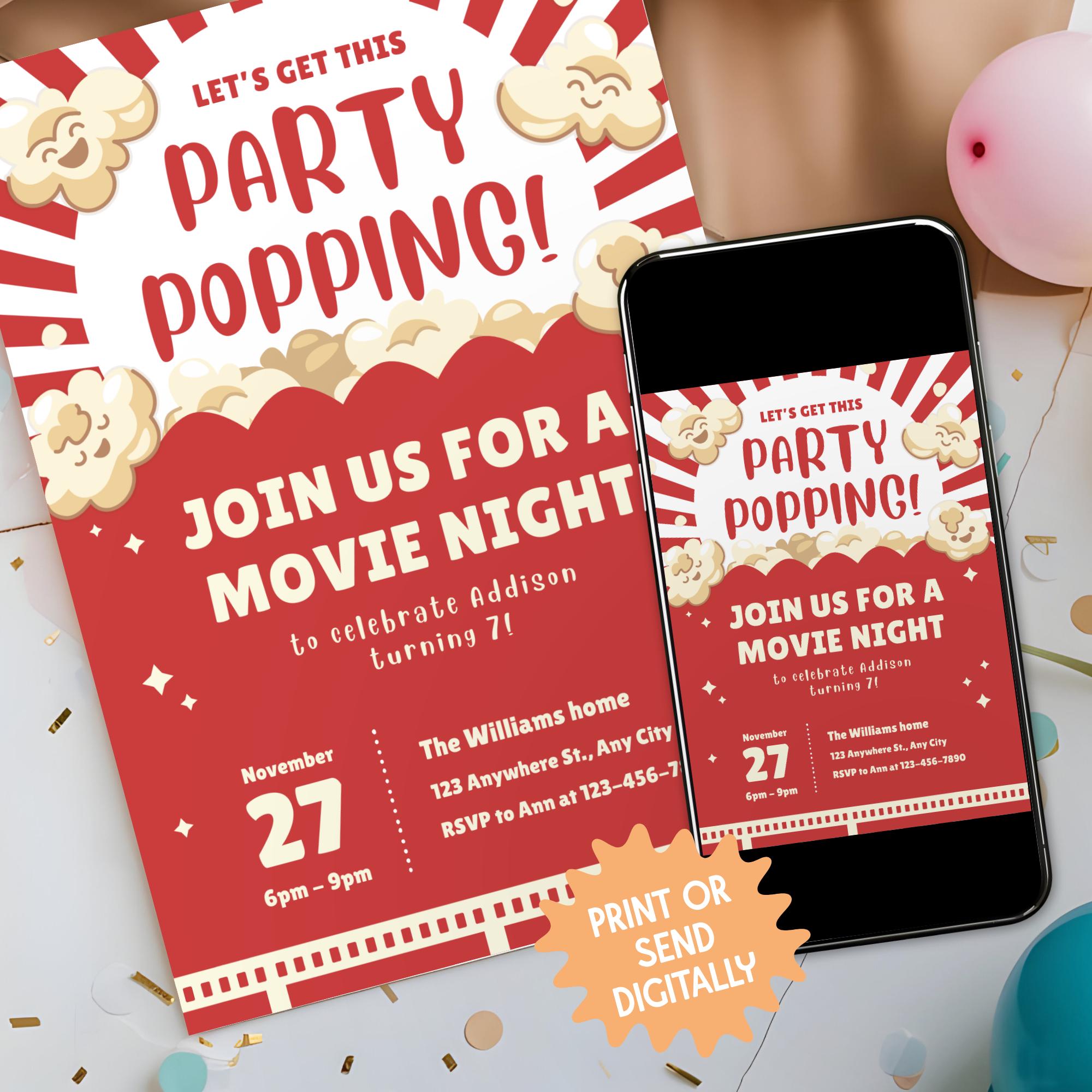 Popcorn Birthday Invitation Cards for Kids Perfect for Movie Night ...