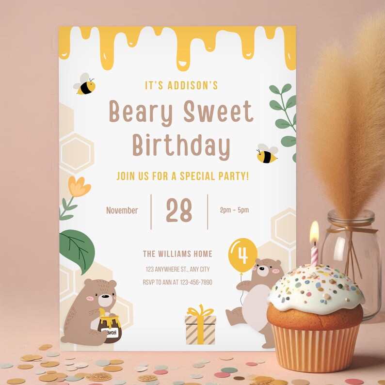 Beary Sweet Teddy Bear Birthday Invite Kids Bear Party Invitation ...