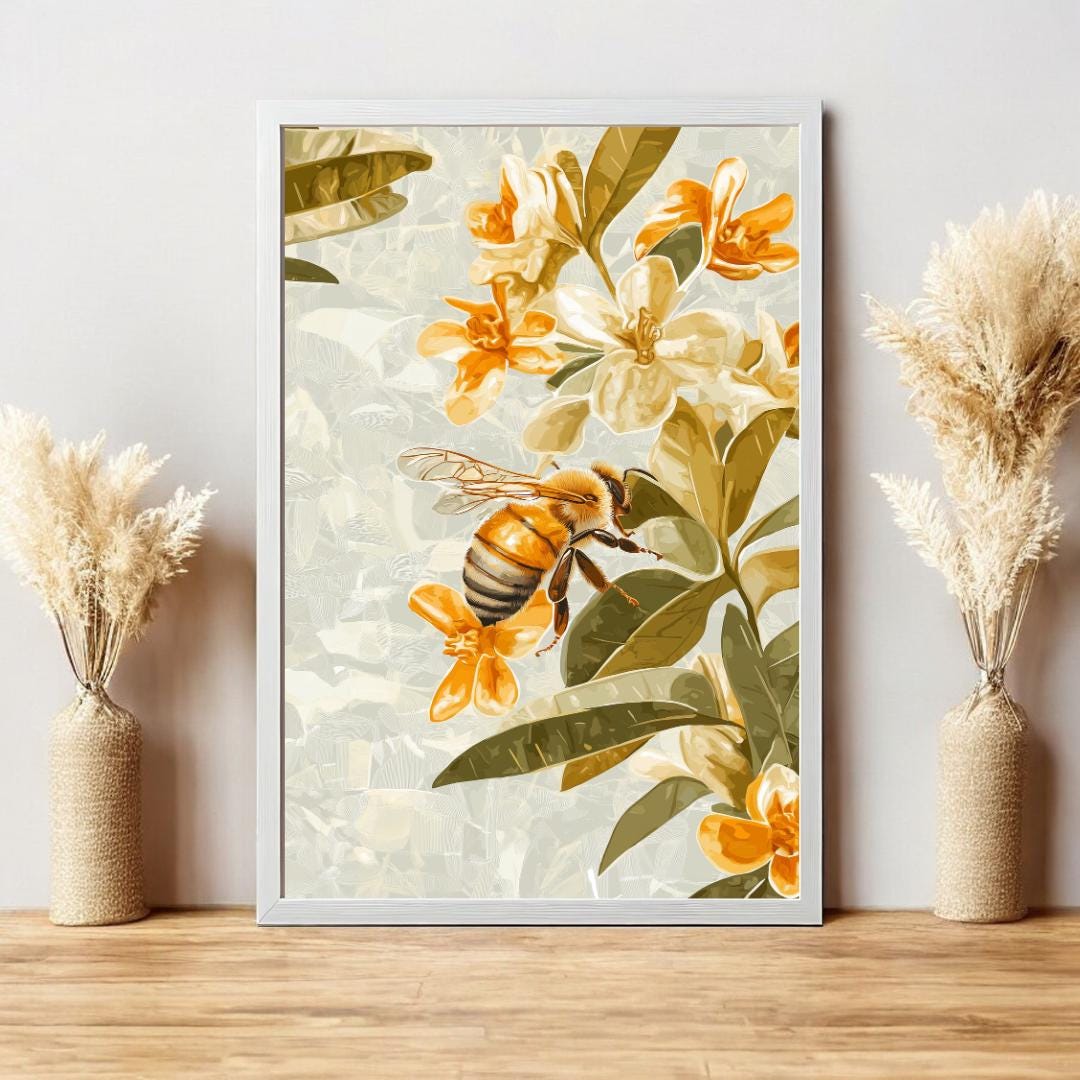 Botanical Bee Art Print, Vintage Honeybee and Flower Illustration ...