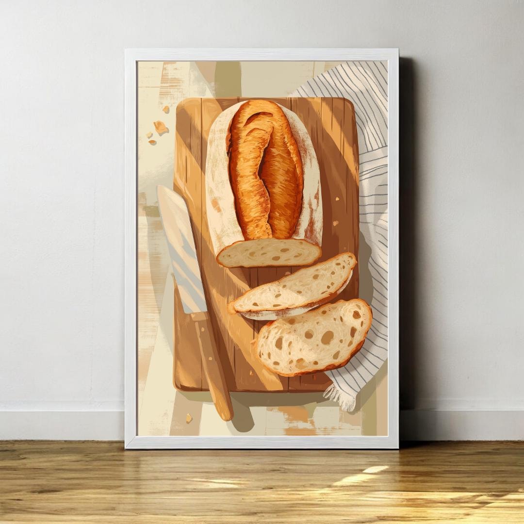 Rustic Bread Art Print Fresh Loaf and Sliced Bread Illustration Modern ...