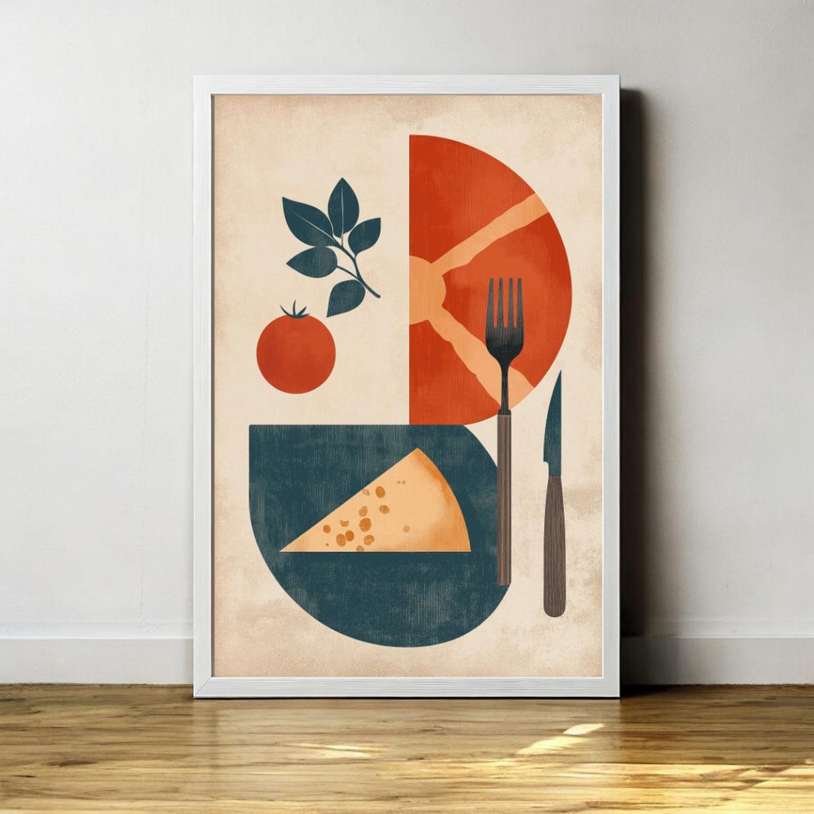 Modern Food Art Print Minimalist Cheese and Tomato Illustration, Retro ...