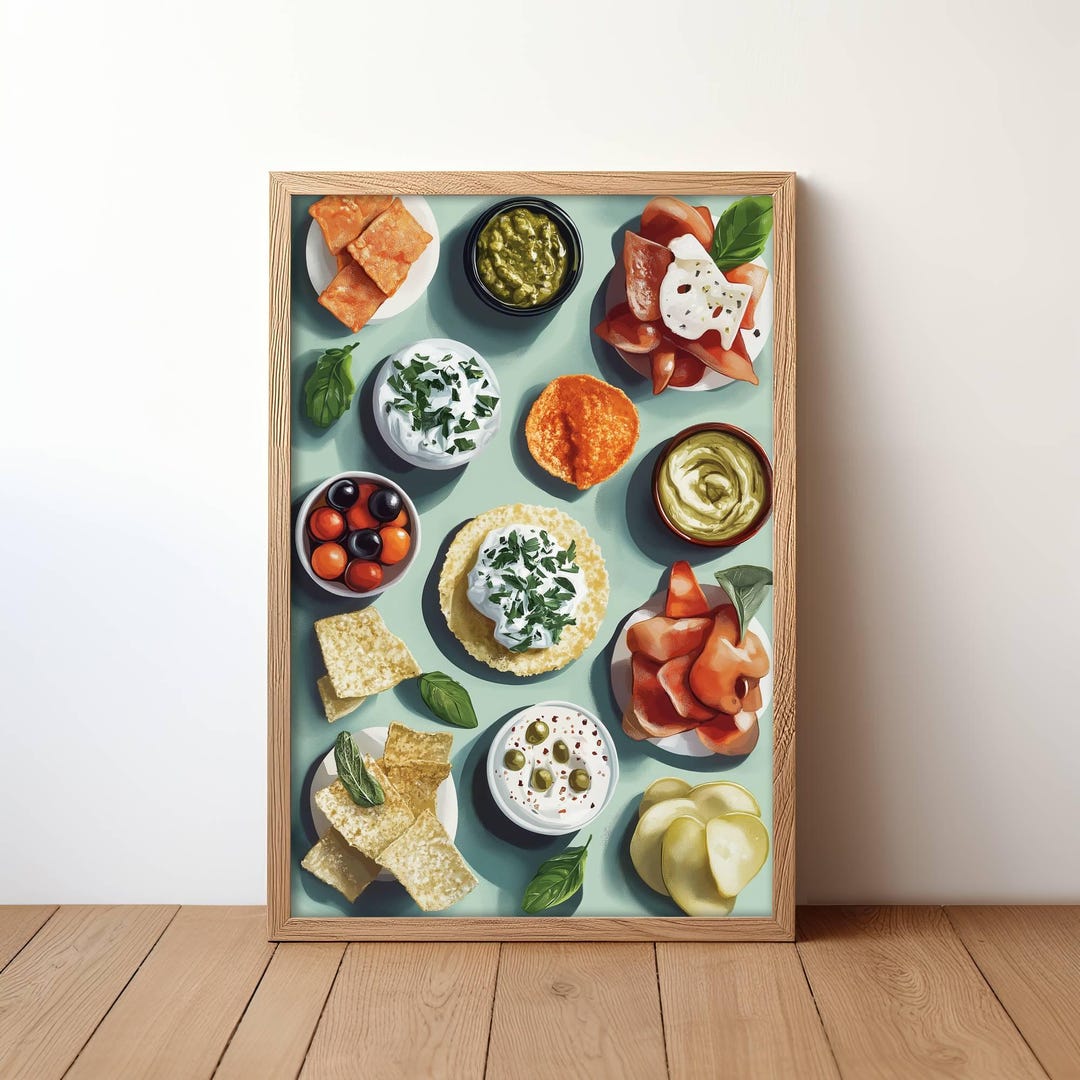 Snack Platter Art Print Illustrated Dips and Appetizers Modern Food ...