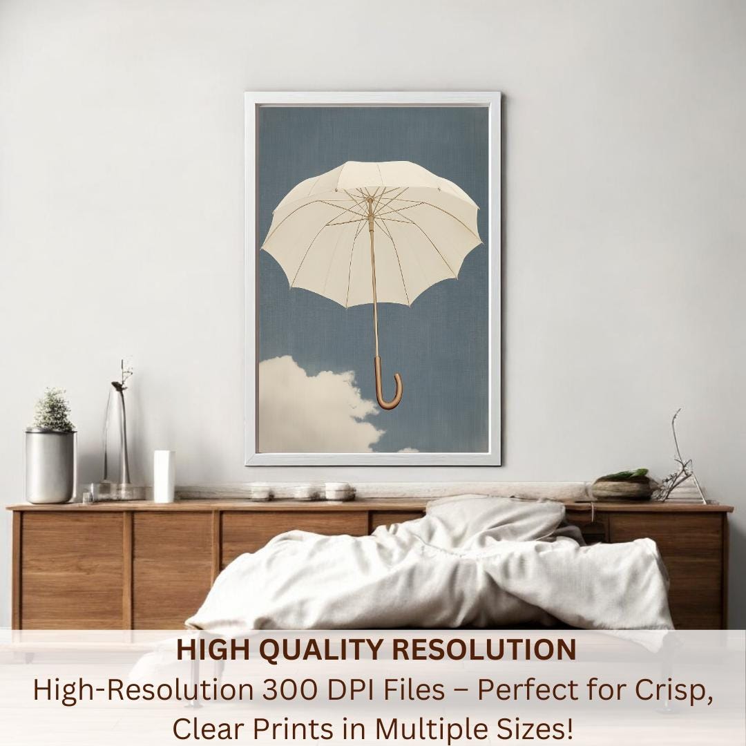 Minimalist White Umbrella Art Print, Surreal Sky Wall Art, Floating ...