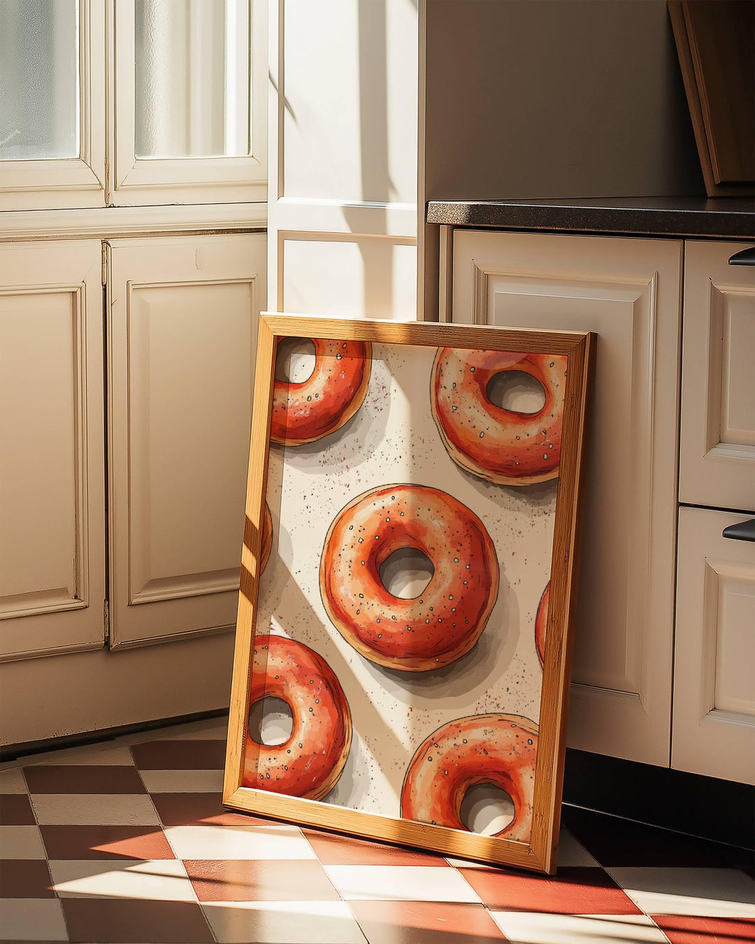 Bagel Pattern Wall Art Print, Modern Kitchen Decor, Foodie Illustration ...
